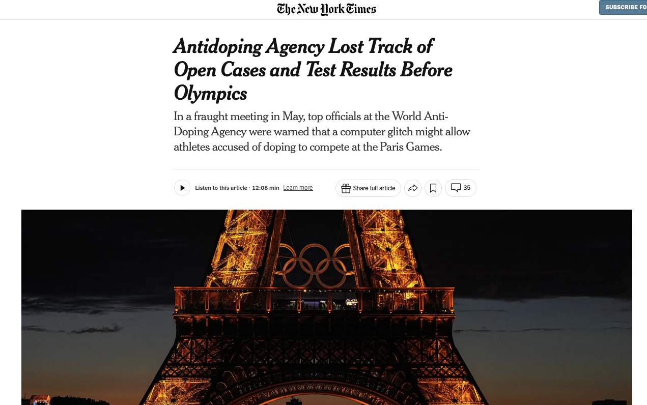 WADA-Sinner, New York Times: "atleti dopati alle Olimpiadi"